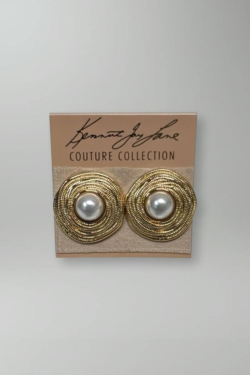 Kenneth Jay Lane Gold Spiral Wrap with Pearl Center Earrings | Mildred Hoit